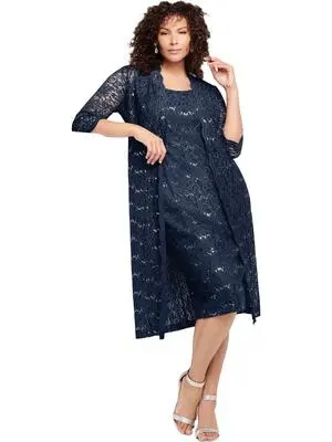 ROAMAN'S 3/4 Sleeve Formal Duster Sequin Embellished Lace Dress Set - Navy