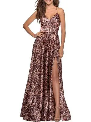 La Femme Print Strappy Gown - Leopard