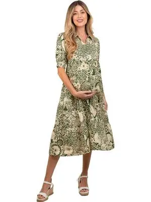 PINKBLUSH Floral Collared Tiered Maternity Midi Dress - Olive Green