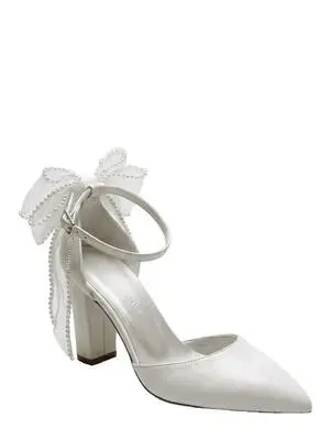 FOREVER & ALWAYS SHOES Elvienne Pointed Toe Block Heel Bridal Sandal With Bow Detailing - Ivory
