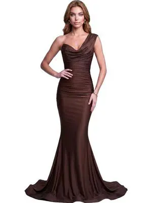 JESSICA ANGEL One-shoulder Soft Draped Mermaid Gown - Brown