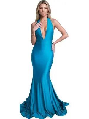 JESSICA ANGEL Plunging Halter Neck Mermaid Evening Gown - Turquoise