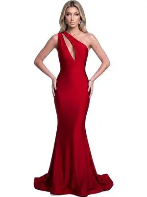 JESSICA ANGEL Jessica Angel Asymmetrical Cutout Mermaid Evening Gown Red