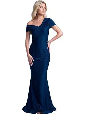 JESSICA ANGEL One-shoulder Twist Ruched Mermaid Evening Gown - Navy