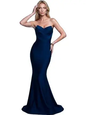 JESSICA ANGEL Strapless Layered Tulip Bodice Mermaid Evening Gown - Navy