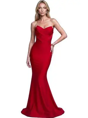 JESSICA ANGEL Strapless Layered Tulip Bodice Mermaid Evening Gown - Red