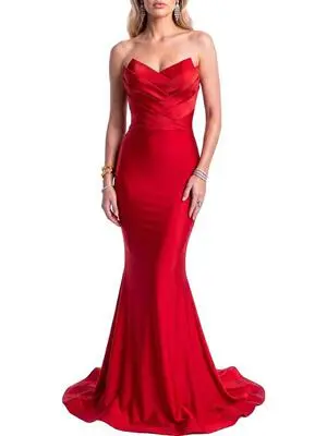 JESSICA ANGEL Strapless Layered Tulip Bodice Mermaid Evening Gown - Red