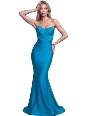 JESSICA ANGEL Strapless Layered Tulip Bodice Mermaid Evening Gown - Turquoise