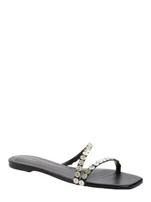 REFORMATION Shoshana Slide Sandal - Black Leather Shell Buttons