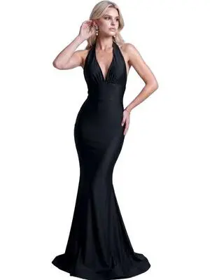 JESSICA ANGEL Jessica Angel Plunge Gathered Halter Mermaid Gown Black