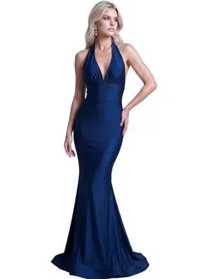 JESSICA ANGEL Jessica Angel Plunge Gathered Halter Mermaid Gown Navy