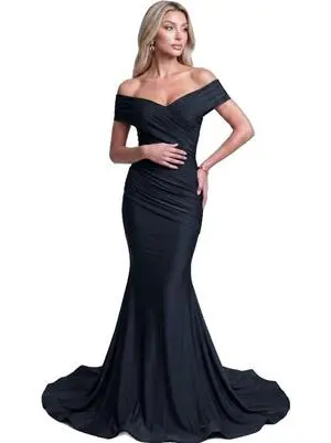 JESSICA ANGEL Jessica Angel Off-the-Shoulder Ruched Mermaid Evening Gown Black