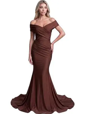 JESSICA ANGEL Jessica Angel Off-the-Shoulder Ruched Mermaid Evening Gown Brown