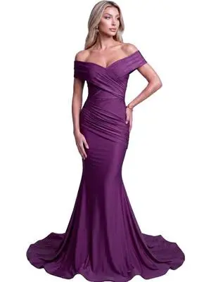 JESSICA ANGEL Jessica Angel Off-the-Shoulder Ruched Mermaid Evening Gown Grape