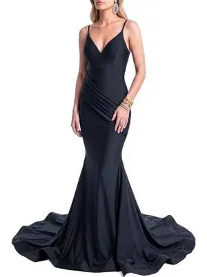 JESSICA ANGEL Ruched Plunge Neck Mermaid Evening Gown - Black