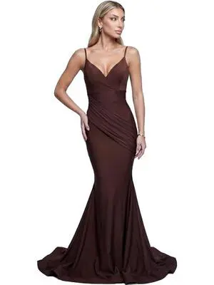 JESSICA ANGEL Ruched Mermaid Evening Gown - Brown