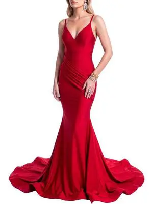 JESSICA ANGEL Ruched Plunge Neck Mermaid Evening Gown - Red