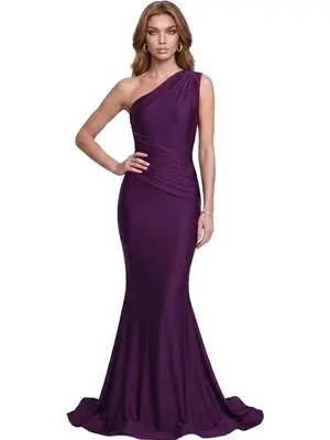 JESSICA ANGEL One Shoulder Ruched Mermaid Evening Gown - Grape
