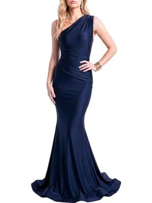 JESSICA ANGEL One Shoulder Ruched Mermaid Gown - Navy