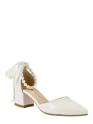 FOREVER & ALWAYS SHOES Eviania Block Heel Wedding Pump With Pearl Ankle Strap - Ivory