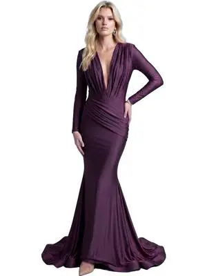 JESSICA ANGEL Long Sleeve Plunge V-neck Ruched Mermaid Gown - Grape