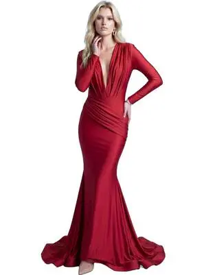 JESSICA ANGEL Long Sleeve Plunge V-neck Ruched Mermaid Gown - Red