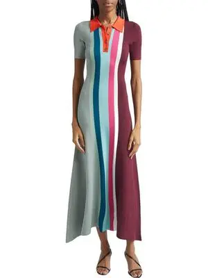 Christopher John Rogers Colorblocked Stripe Rib Polo Sweater Dress - Sage Multi