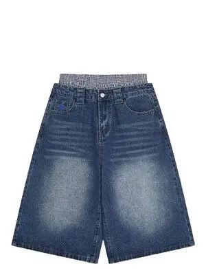 AELFRIC EDEN Double Waist Longline Denim Shorts - Dark Bule
