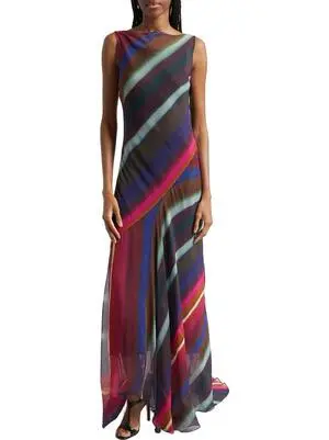 Christopher John Rogers Louie Stripe Cowl Back Bias Crinkle Chiffon Gown - Roux