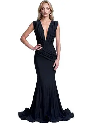 JESSICA ANGEL Sleeveless Plunge Mermaid Gown - Black