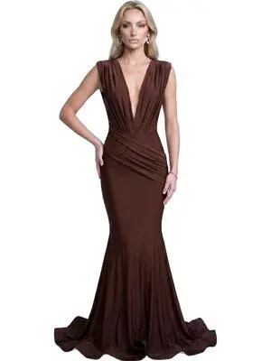 JESSICA ANGEL Sleeveless Plunge Mermaid Gown - Brown