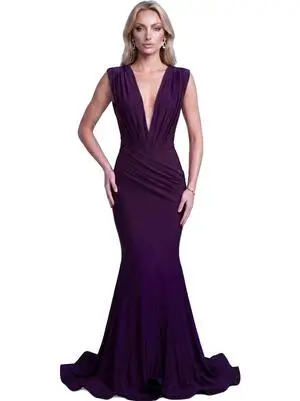 JESSICA ANGEL Sleeveless Plunge Mermaid Gown - Grape