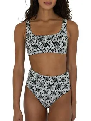 Geode Swimwear Daisy Textured Floral Square Neck Bikini Top - Black