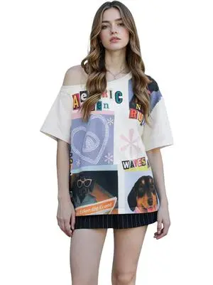 AELFRIC EDEN Dachshund Collage Off-the-shoulder T-shirt - White