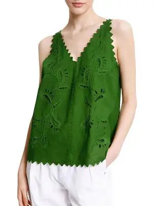OTTOD'AME Sleeveless V-neck Cotton Top With Cutwork Embroidery - Matcha