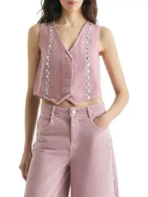 SCALPERS Denim Studded Cropped Vest - Lightpink