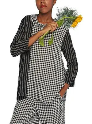 LUUKAA Illustra Checkered And Striped Gauze Linen Blouse - Black