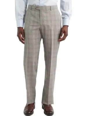 Berle Light Grey Plaid Flat Front Wool Dress Pants - Sand