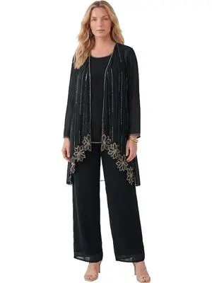 Roaman's Floral Beaded Georgette Three-piece Pant Set - Black