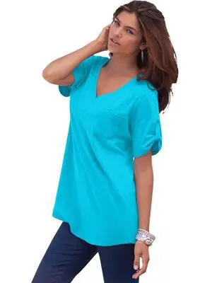 ROAMAN'S Slub V-neck Boyfriend Tunic Top - Ocean