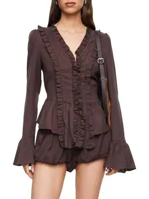 Lioness Odette Ruffle Bell Sleeve Top - Brown