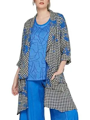 LUUKAA Jax Checkered Gauze Linen Duster With Asymmetrical Collar And Tie-dye Finish - Blue