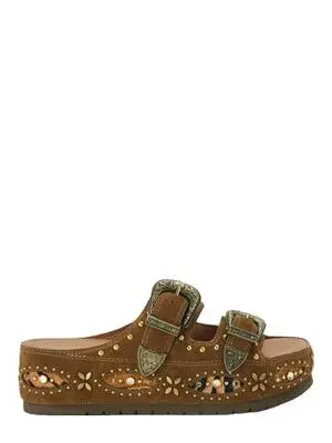 KURT GEIGER Kurt Geiger London Western Buckle Leather Flatform Slide Sandal