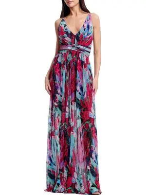 Dress The Population Taylor Metallic Floral Plissé Gown - Bright Fuchsia Multi