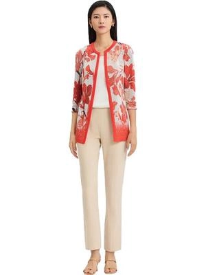 Misook Misook Floral Jacquard Flat Knit Jacket Cherry/peach/ivory