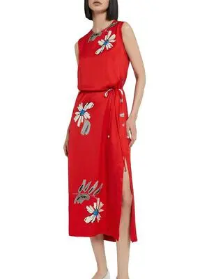 OTTOD'AME Viscose Twill Midi Dress With Floral Print And Slit - Red
