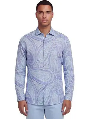 LORDS OF HARLECH Uomo Wild Paisley Oxford Long Sleeve Fine Linen Shirt - Blue