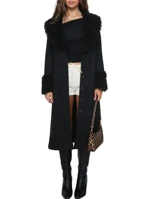Princess Polly After Party Faux Suede Long Coat With Faux Shearling Trim - Black