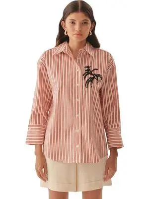 EXQUISE Leia Long Sleeve Shirt With Striped Pattern And Embroidered Detail - Red-bone