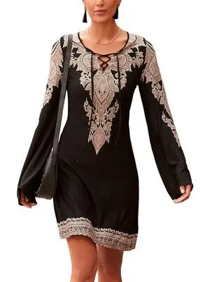 LASCANA Boho Print Lace-up Dress - Black Printed
